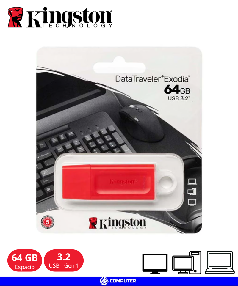 MEM. USB KINGSTON DATA TRAVELER EXODIA, ROJO 64GB, USB 3.2 GEN 1